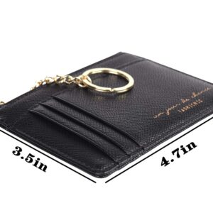 Prometheism Women Slim Leather Card Case Holder Small Wallet Cute Coin Purse Girl Mini Wallet with Keychain (Black)