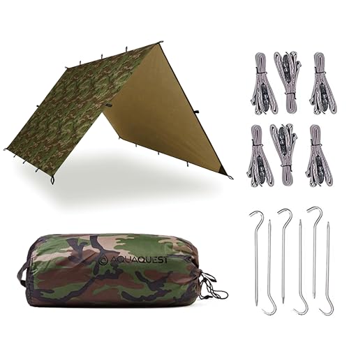 AquaQuest Defender Camping Tarp - Heavy Duty Tent Shelter or Rain Fly - Waterproof Camping Essentials for Hiking, Bushcraft & Hammock, 13 x 10 ft, Olive Drab Kit