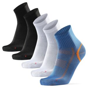 danish endurance 5 pack quarter athletic socks, anti-blister for men & women, multicolor (1 x blue/orange, 2 x black, 2 x white), us women 11-13 // us men 9.5-12.5