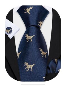 barry.wang men tie set dinasour navy gold silk necktie pocket square cufflinks formal wedding party business festival