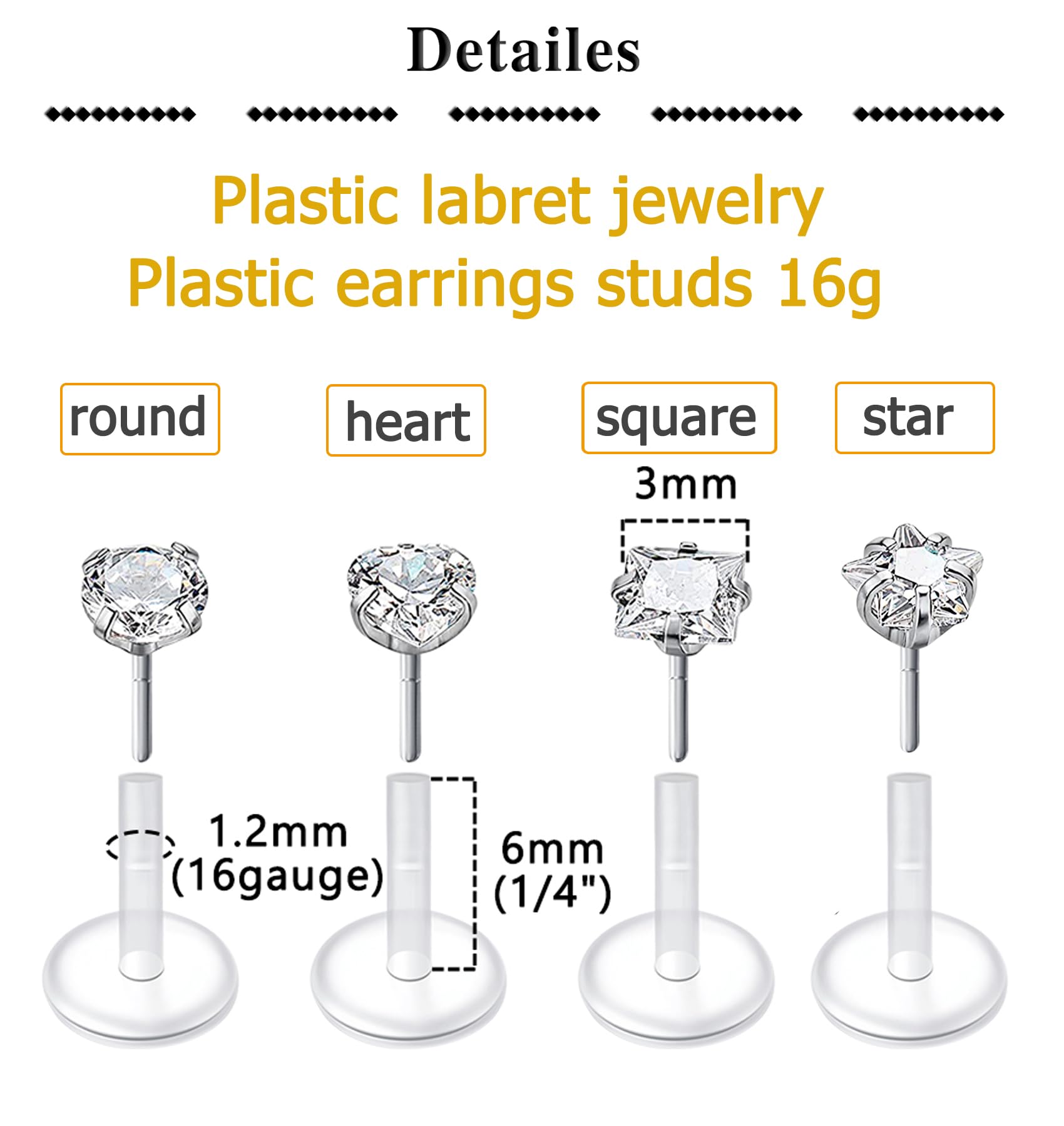 QWALIT 16G Clear Lip Rings Studs Plastic Cartilage Tragus Earrings Retainer for Work Cubic Zirconia Bioflex Medusa Labret Piercing Jewelry 6mm 8mm 10mm 12mm