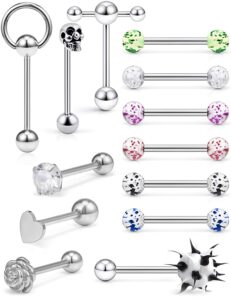 hoeudjo 13pcs 14g surgical steel tongue rings teaser double barbell with slave ring body piercing jewelry for women men 16mm silver-tone heart diamond flower