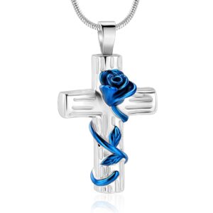 urn necklace for ashes rose flower cross cremation jewelry pendant for human/pet funeral keepsake memorial necklace(blue)