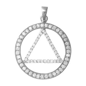 alcoholics anonymous (aa) symbol - sterling silver, aa symbol pendant, large circle triangle with beautiful cz's