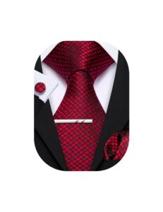 yohowa men tie clip set plaid burgundy silk necktie pocket square cufflinks formal business wedding party