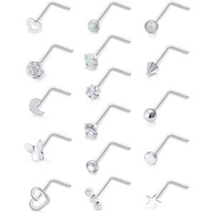 hoeudjo nose rings 20g cz/opal/heart/moon/flower/flat/star/ball top nose stud l-shaped surgical steel nose piercing jewelry for women men set 16 pieces silver-tone