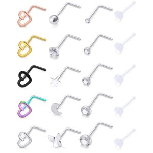 hoeudjo 20pcs 20g surgical steel heart nose ring studs l shaped body jewelry piercing retainer for women men cz inlaid 1.5mm 2mm 2.5mm 3mm moon star ball flat top silver rose gold black nostril