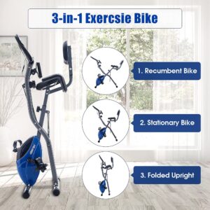 Merax 3 in 1 Adjustable Folding Exercise Bike Convertible Magnetic Upright Recumbent Bike with Arm Bands (Blue&Gray)