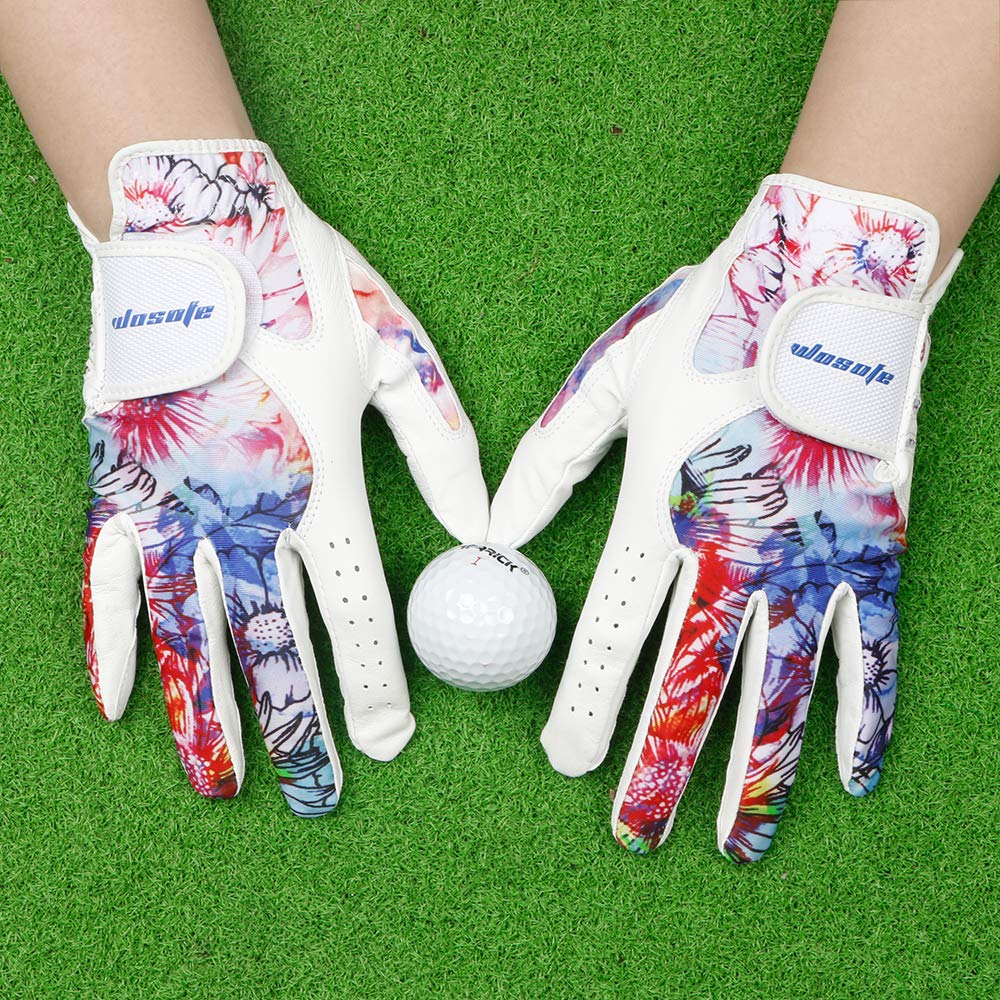 wosofe Golf Glove Women Pair Cool Leather Both Hand Summer Floral Large Colorful Breathable Sport Gloves