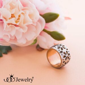 555Jewelry Edgy Stainless Steel Engraved Daisies Hawaiian Plumeria Flower Full Bloom Blooming Memorable Unisex Wedding Engagement Band Fashion Jewelry Accessory Ring, Pink Rose Gold Size 9