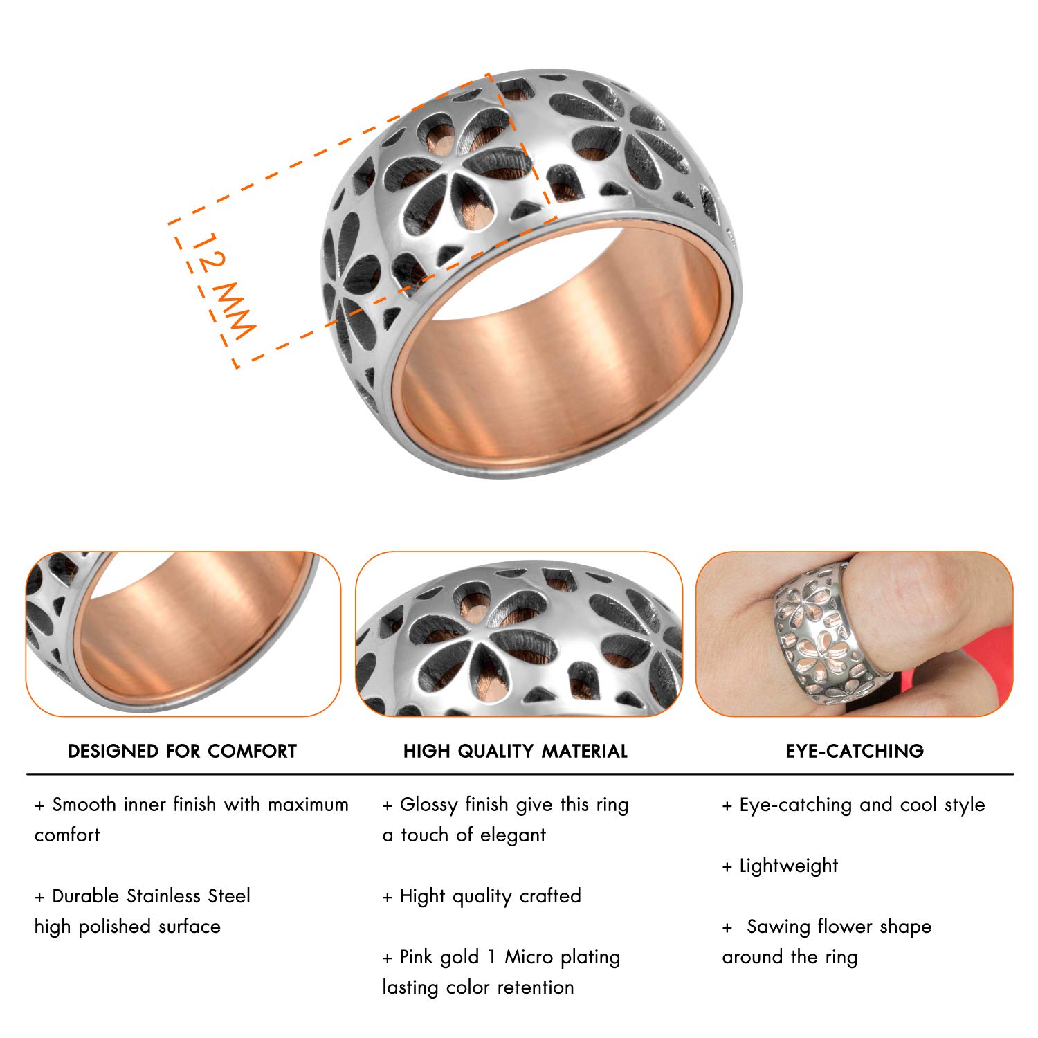 555Jewelry Edgy Stainless Steel Engraved Daisies Hawaiian Plumeria Flower Full Bloom Blooming Memorable Unisex Wedding Engagement Band Fashion Jewelry Accessory Ring, Pink Rose Gold Size 9