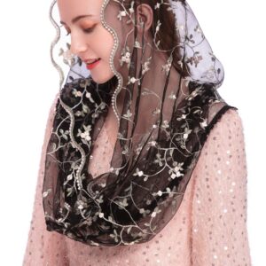 PAMOR Chapel Veils Mantilla Infinity Veil Latin Mass Little Flower Soft Embroidered Lace Head Covering Scarf (Black)