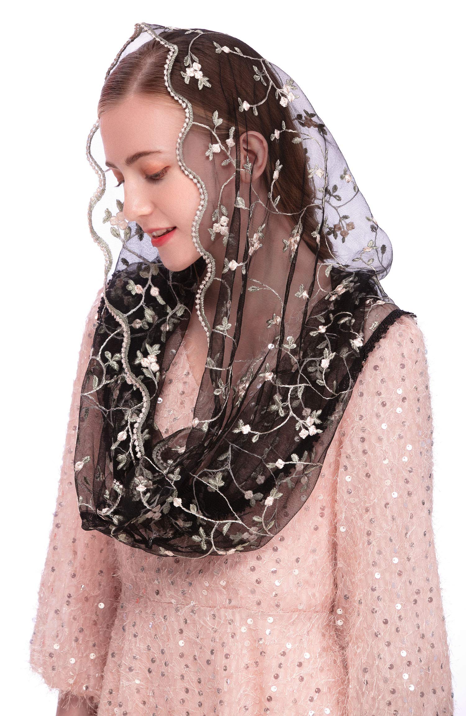 PAMOR Chapel Veils Mantilla Infinity Veil Latin Mass Little Flower Soft Embroidered Lace Head Covering Scarf (Black)