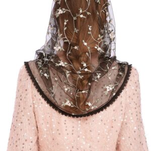 PAMOR Chapel Veils Mantilla Infinity Veil Latin Mass Little Flower Soft Embroidered Lace Head Covering Scarf (Black)