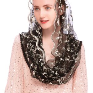 PAMOR Chapel Veils Mantilla Infinity Veil Latin Mass Little Flower Soft Embroidered Lace Head Covering Scarf (Black)