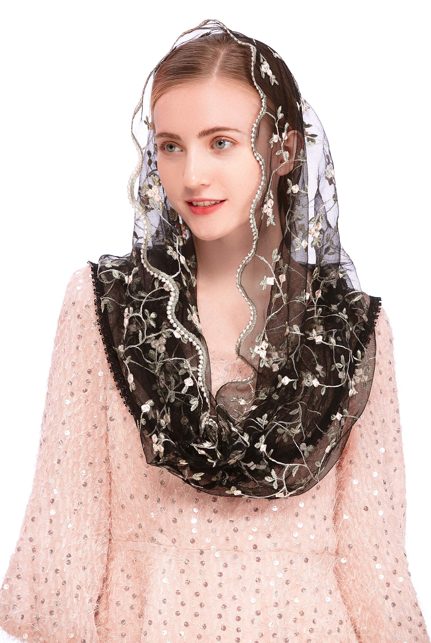 PAMOR Chapel Veils Mantilla Infinity Veil Latin Mass Little Flower Soft Embroidered Lace Head Covering Scarf (Black)