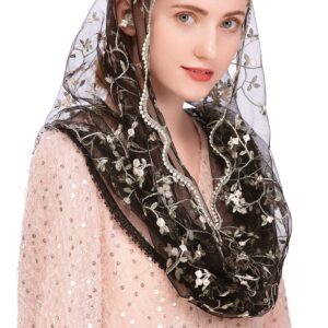 PAMOR Chapel Veils Mantilla Infinity Veil Latin Mass Little Flower Soft Embroidered Lace Head Covering Scarf (Black)