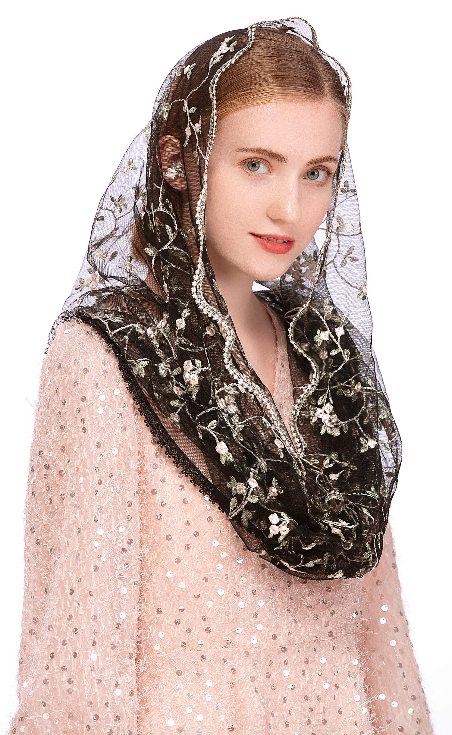 PAMOR Chapel Veils Mantilla Infinity Veil Latin Mass Little Flower Soft Embroidered Lace Head Covering Scarf (Black)