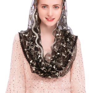 PAMOR Chapel Veils Mantilla Infinity Veil Latin Mass Little Flower Soft Embroidered Lace Head Covering Scarf (Black)