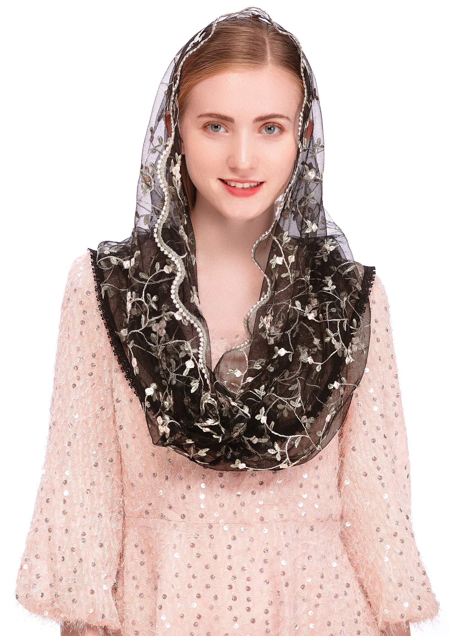 PAMOR Chapel Veils Mantilla Infinity Veil Latin Mass Little Flower Soft Embroidered Lace Head Covering Scarf (Black)