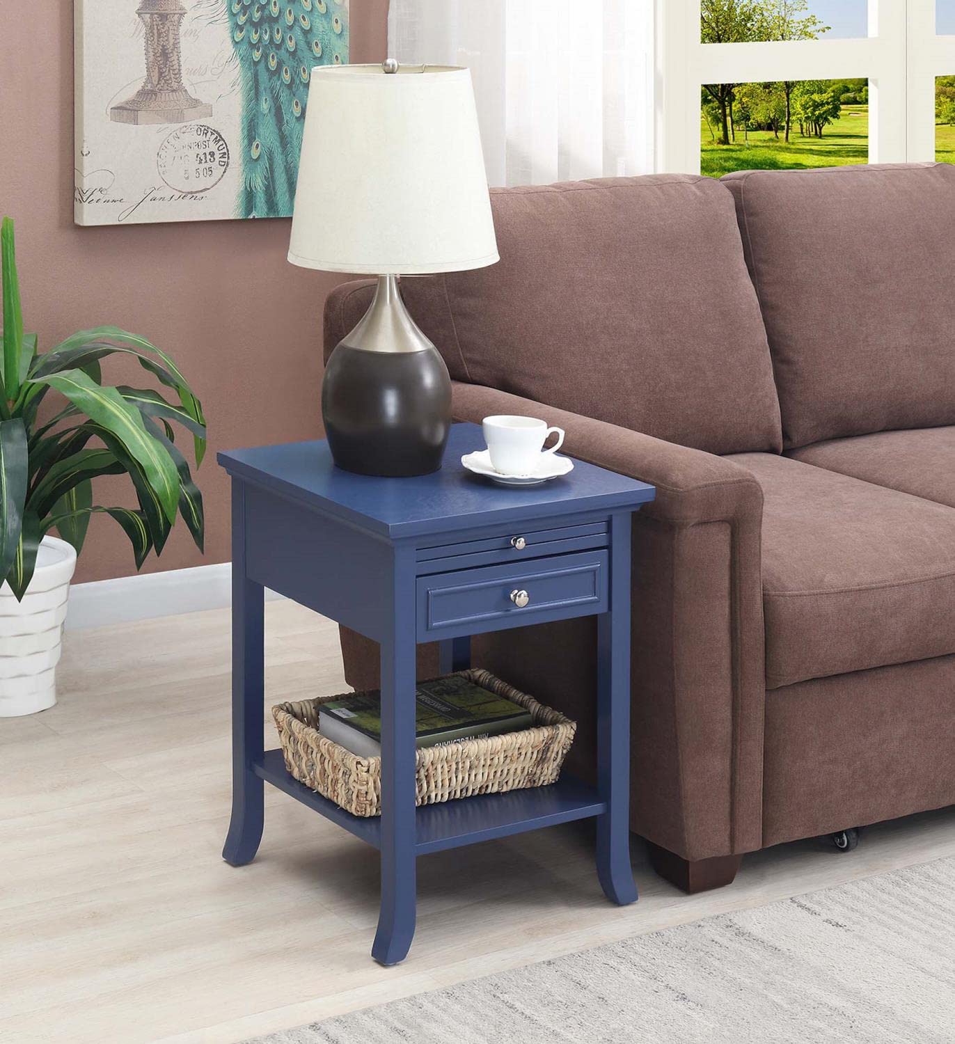 Convenience Concepts American Heritage Logan 1 Drawer End Table with Pull-Out Shelf, Cobalt Blue