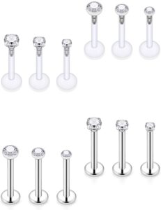 hoeudjo 12pcs 16g forward helix earring surgical steel cartilage conch tragus earrings studs internal threaded clear diamond cz labret monroe lip ring barbell piercing jewelry for women men 6mm