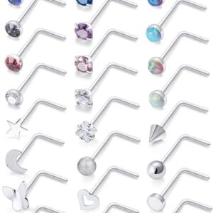 Yaalozei 20G Nose Rings Stud Piercing Jewelry for Women Surgical Stainless Steel Silver L Shaped Bend Curved Opal Nose Stud hypoallergenic Cute Nose Nostril Ring Stud Piercing Jewelry Men Diamond 2MM