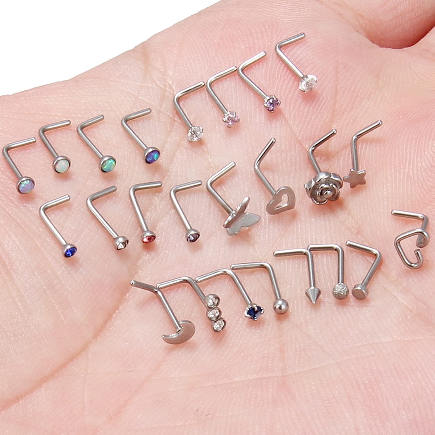 Yaalozei 20G Nose Rings Stud Piercing Jewelry for Women Surgical Stainless Steel Silver L Shaped Bend Curved Opal Nose Stud hypoallergenic Cute Nose Nostril Ring Stud Piercing Jewelry Men Diamond 2MM