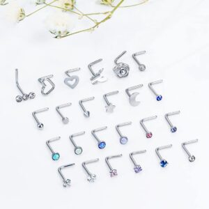 Yaalozei 20G Nose Rings Stud Piercing Jewelry for Women Surgical Stainless Steel Silver L Shaped Bend Curved Opal Nose Stud hypoallergenic Cute Nose Nostril Ring Stud Piercing Jewelry Men Diamond 2MM