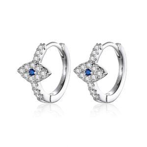 blue crystal evil eye tiny round hoop earrings sterling silver 14k gold plated dainty cz small hinged huggie endless hoops for women daughter(silver)