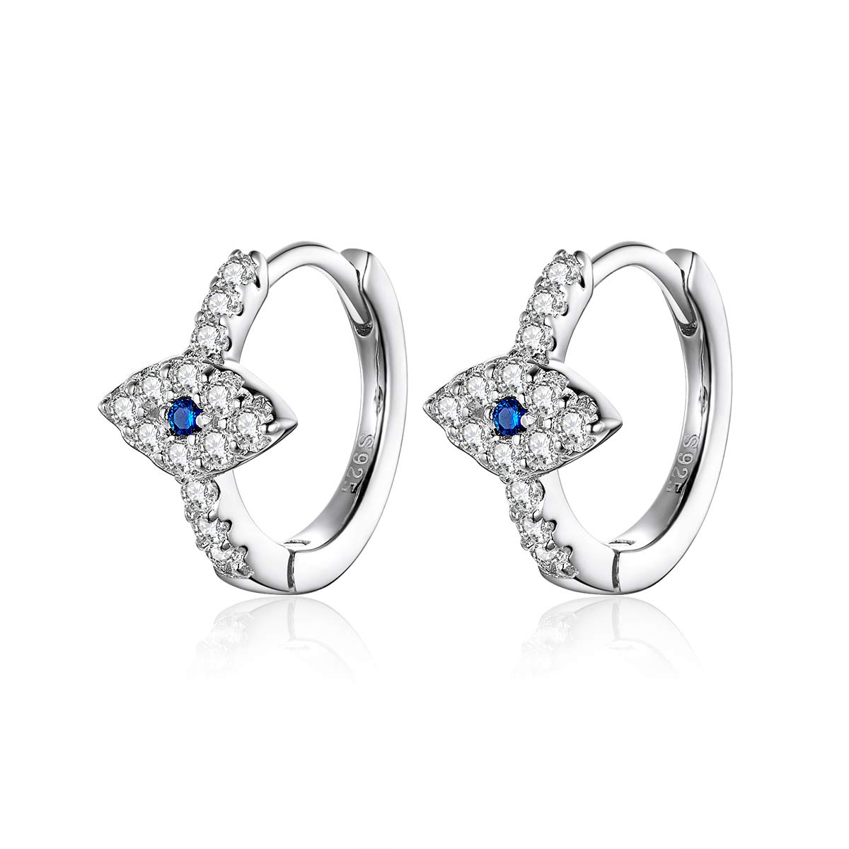 Blue Crystal Evil Eye Tiny Round Hoop Earrings Sterling Silver 14k Gold Plated Dainty CZ Small Hinged Huggie Endless Hoops for Women Daughter(Silver)