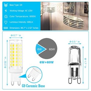 hansang G9 Led Light Bulb,6W Chandelier Light Bulbs (60W Halogen Equivalent),88PCS LED,6000K Daylight White,Non-dimmable,G9 Bi Pin Base,360 Degrees Beam Angle,600LM,Pack of 6