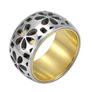 555jewelry edgy stainless steel engraved daisies hawaiian plumeria flower full bloom blooming memorable unisex wedding engagement band fashion jewelry accessory ring, yellow gold size 9