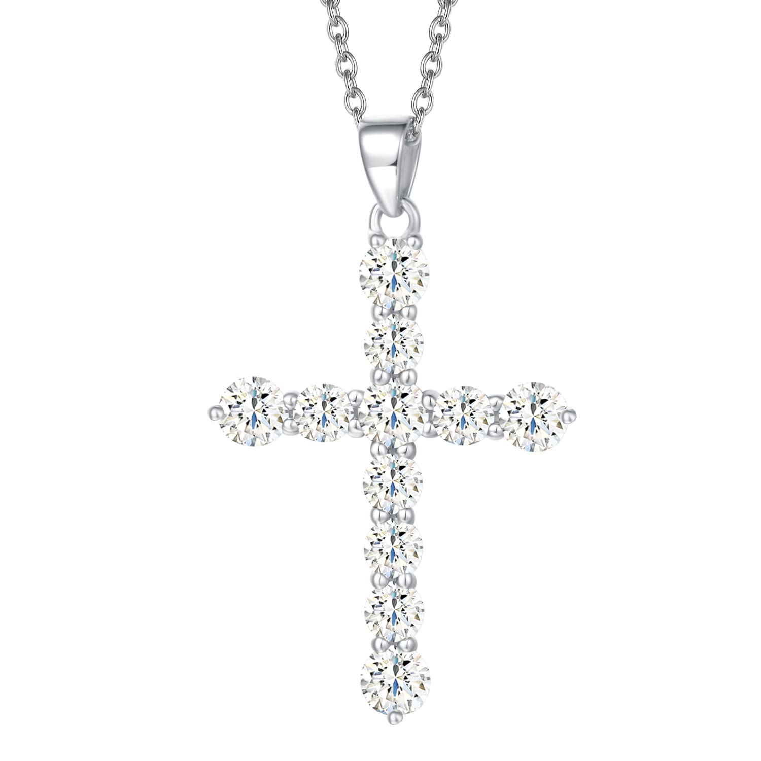 Cross Necklace For Women Sterling Silver 3 Prong Setting Cubic Zirconia CZ Simulated Diamond Latin Cross Pendant Necklace for Women with 18 Inch Sterling Silver Chain