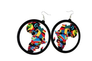 aijian ethnic style large round wood eardrop african map wooden dangler earrings for women (color-a)