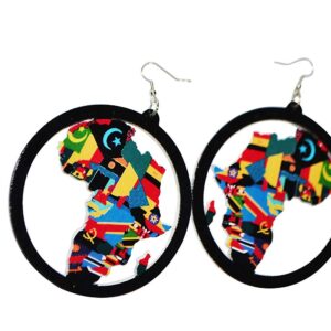 Aijian Ethnic Style Large Round Wood Eardrop African Map Wooden Dangler Earrings for Women (Color-a)