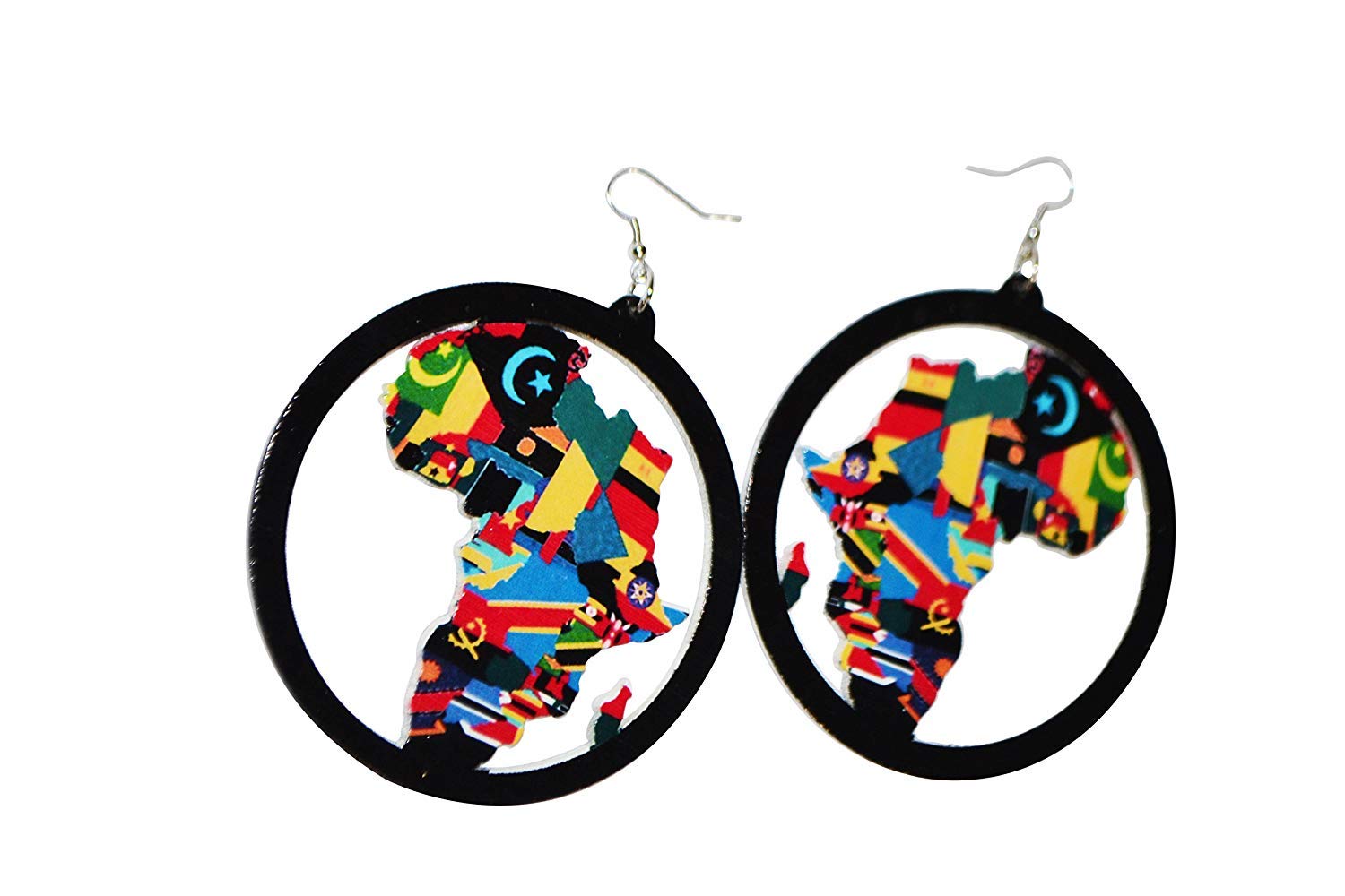 Aijian Ethnic Style Large Round Wood Eardrop African Map Wooden Dangler Earrings for Women (Color-a)