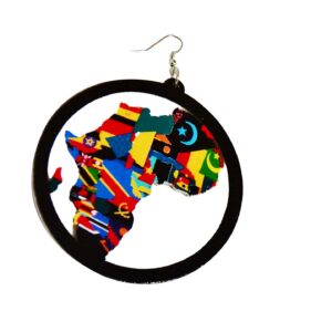 Aijian Ethnic Style Large Round Wood Eardrop African Map Wooden Dangler Earrings for Women (Color-a)