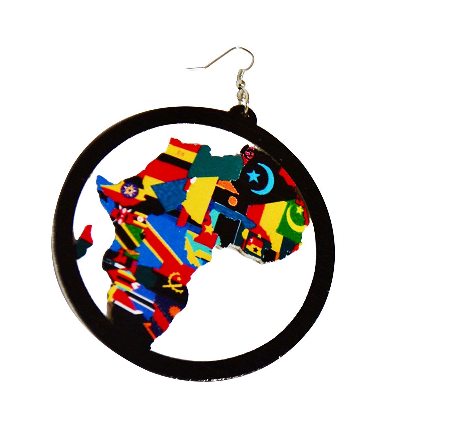 Aijian Ethnic Style Large Round Wood Eardrop African Map Wooden Dangler Earrings for Women (Color-a)