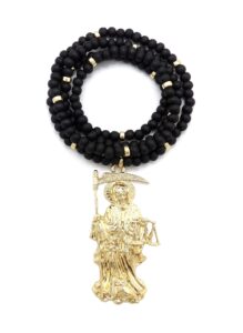 fashion 21 santa muerte pendant 6 mm 30 inches wooden bead necklace in gold tone (gold + black / 30 inches wooden)