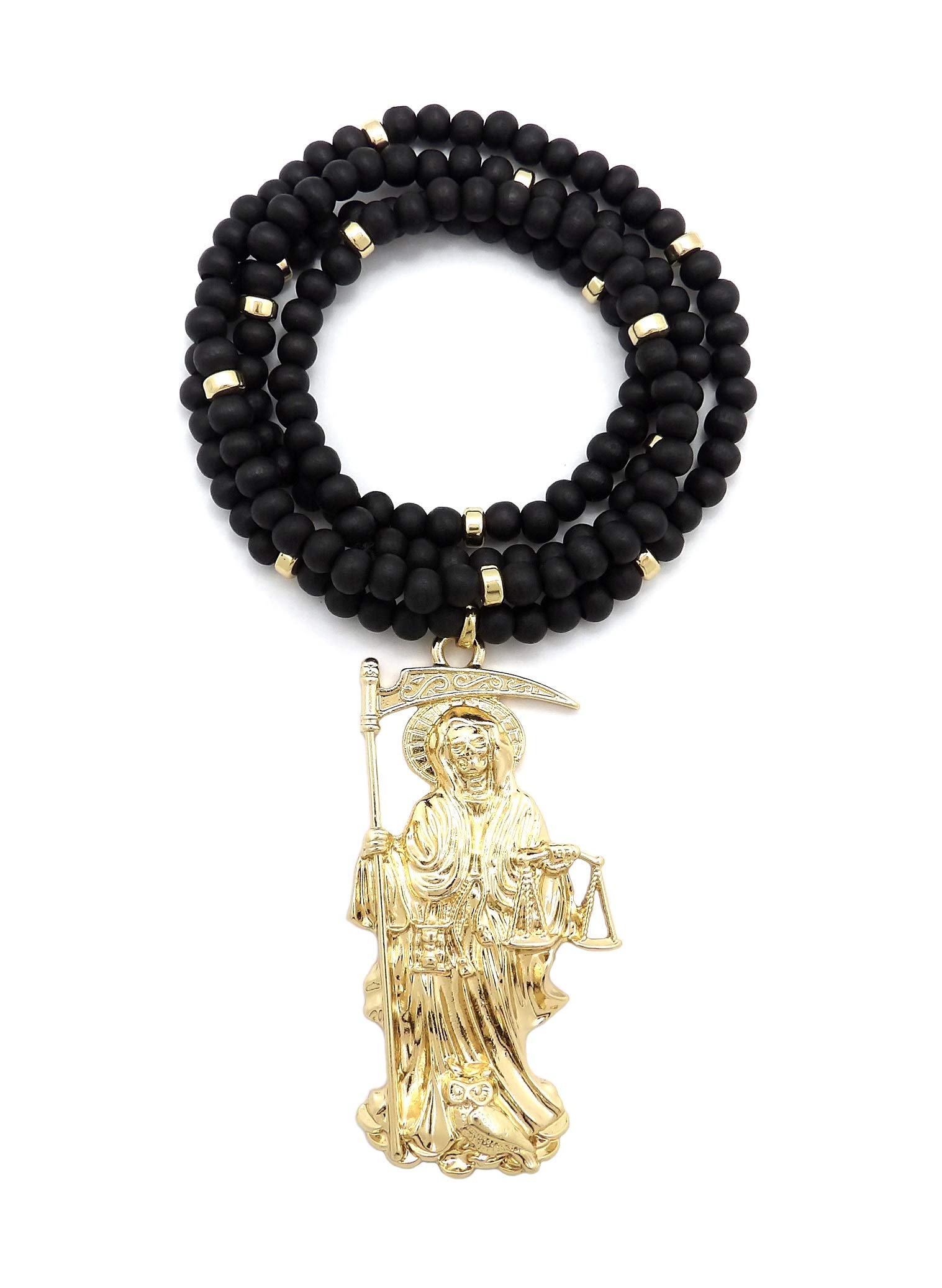 Fashion 21 Santa Muerte Pendant 6 mm 30 inches Wooden Bead Necklace in Gold Tone (Gold + Black / 30 inches Wooden)