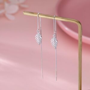 SLUYNZ 925 Sterling Silver Threader Earrings Chain for Women Teen Girls Ear Line Dangling Earrings Chain (Leaf Threader Earrings)