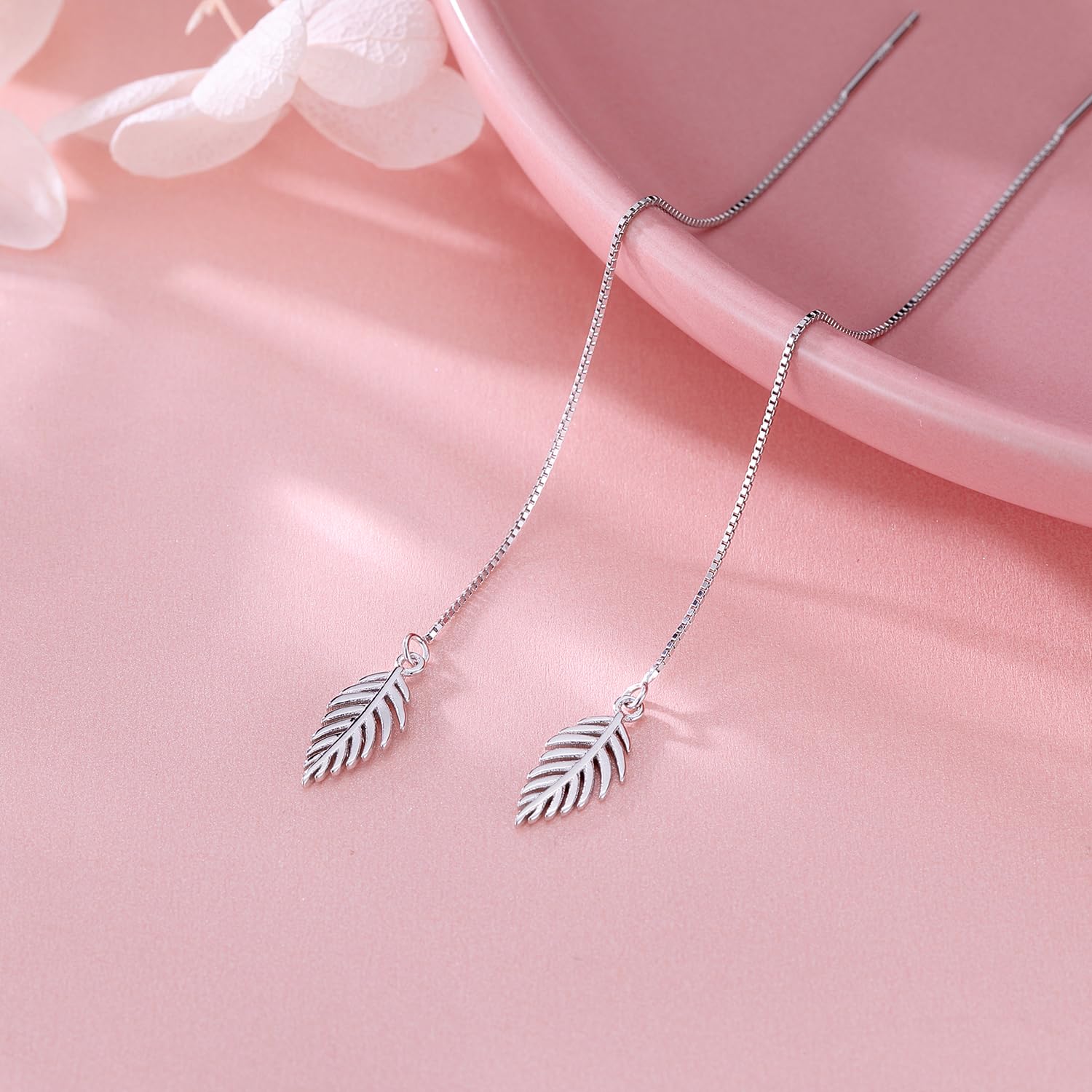 SLUYNZ 925 Sterling Silver Threader Earrings Chain for Women Teen Girls Ear Line Dangling Earrings Chain (Leaf Threader Earrings)