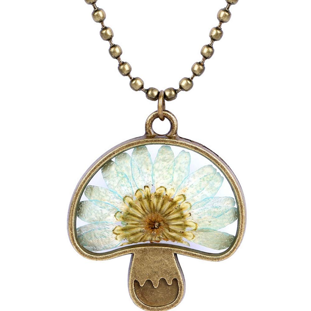 Jude Jewelers Retro Vintage Dry Flower Transparent Resin Dry Flower Pendant Statement Cocktail Party Necklace (Mushroom)