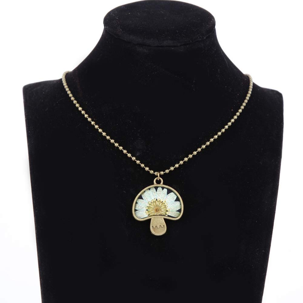 Jude Jewelers Retro Vintage Dry Flower Transparent Resin Dry Flower Pendant Statement Cocktail Party Necklace (Mushroom)