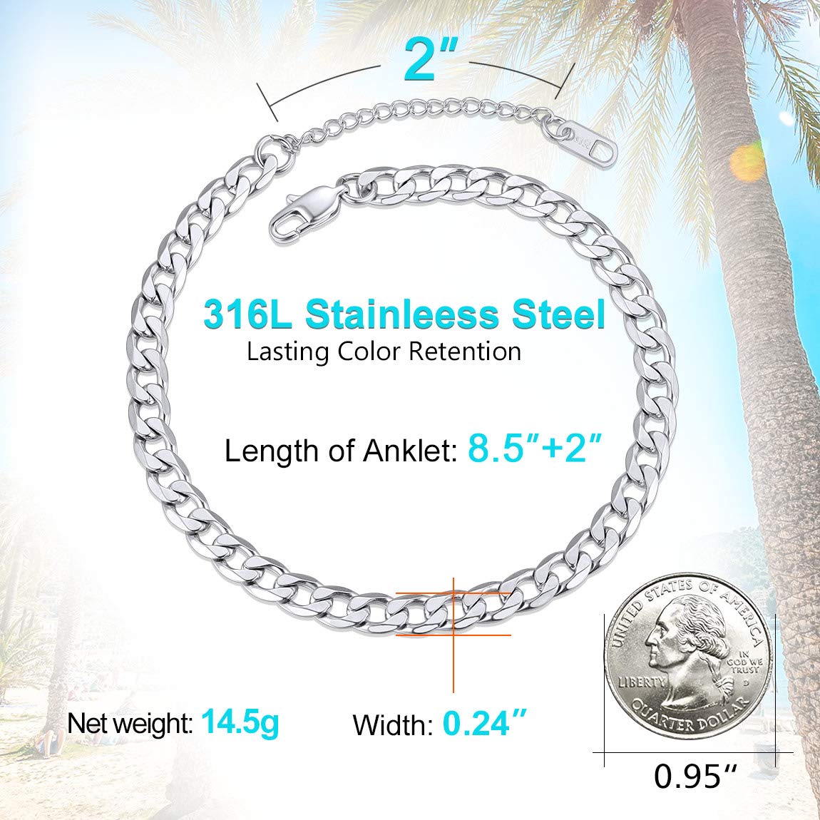 Anklets for Women Stainless Steel Barefoot Jewelry Ankle Bracelets Cuban Link Ankle Chain Mens Chain Anklet