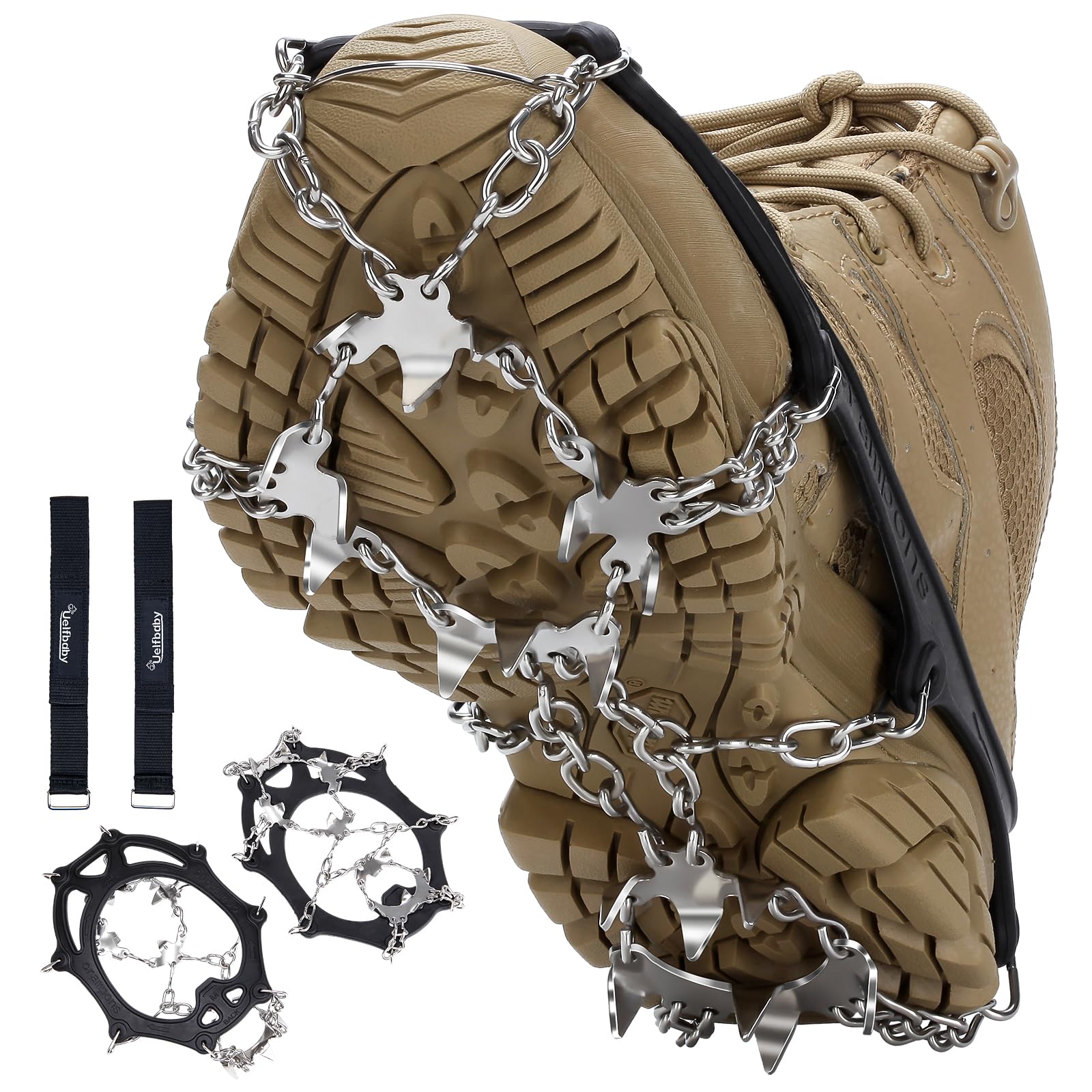 Crampons 19 Spikes with Stainless Steel Chain Ice Snow Grips Traction Cleats System Safe Protect for Walking, Jogging, Climbing, or Hiking on Snow and Ice (Fit M/L/XL Shoes/Boots)