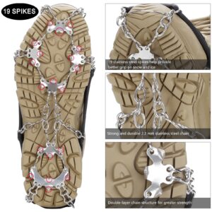 Crampons 19 Spikes with Stainless Steel Chain Ice Snow Grips Traction Cleats System Safe Protect for Walking, Jogging, Climbing, or Hiking on Snow and Ice (Fit M/L/XL Shoes/Boots)