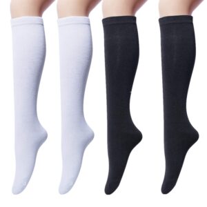 senker women's 4 pairs cotton knee high casual solid knit socks, c white & black, large