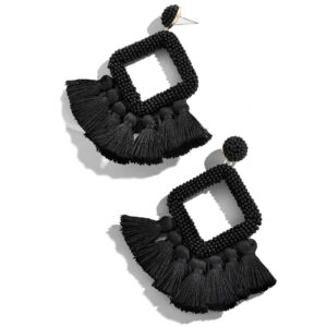 beaded tassel drop earrings – statement hoop fringe earrings dangle, gift idea for women, mother, sister, daily wearing (black square)